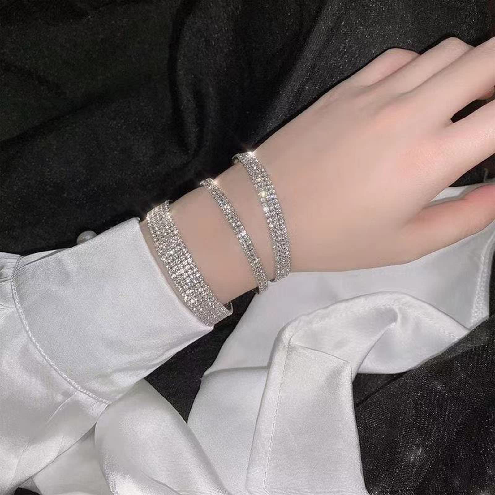 HLIN Rhinestone Bracelet for Women 5Pcs Strand Stretch Silver-tone Sparkling Bridal Tennis Bangle
