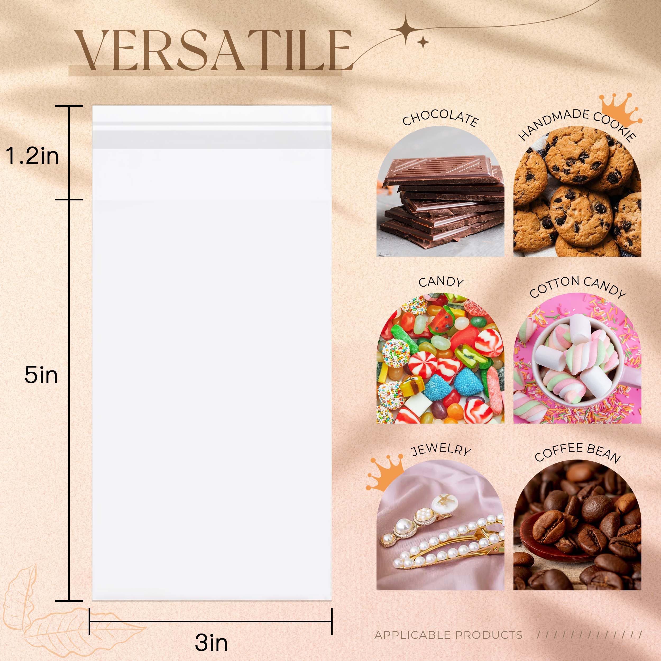 YunKo 100PACK Self Sealing Cellophane Bags Clear Cookie Bags for Gift Giving Treat bags for Packaging Cookies,Candy,Gifts(5x3 Inch