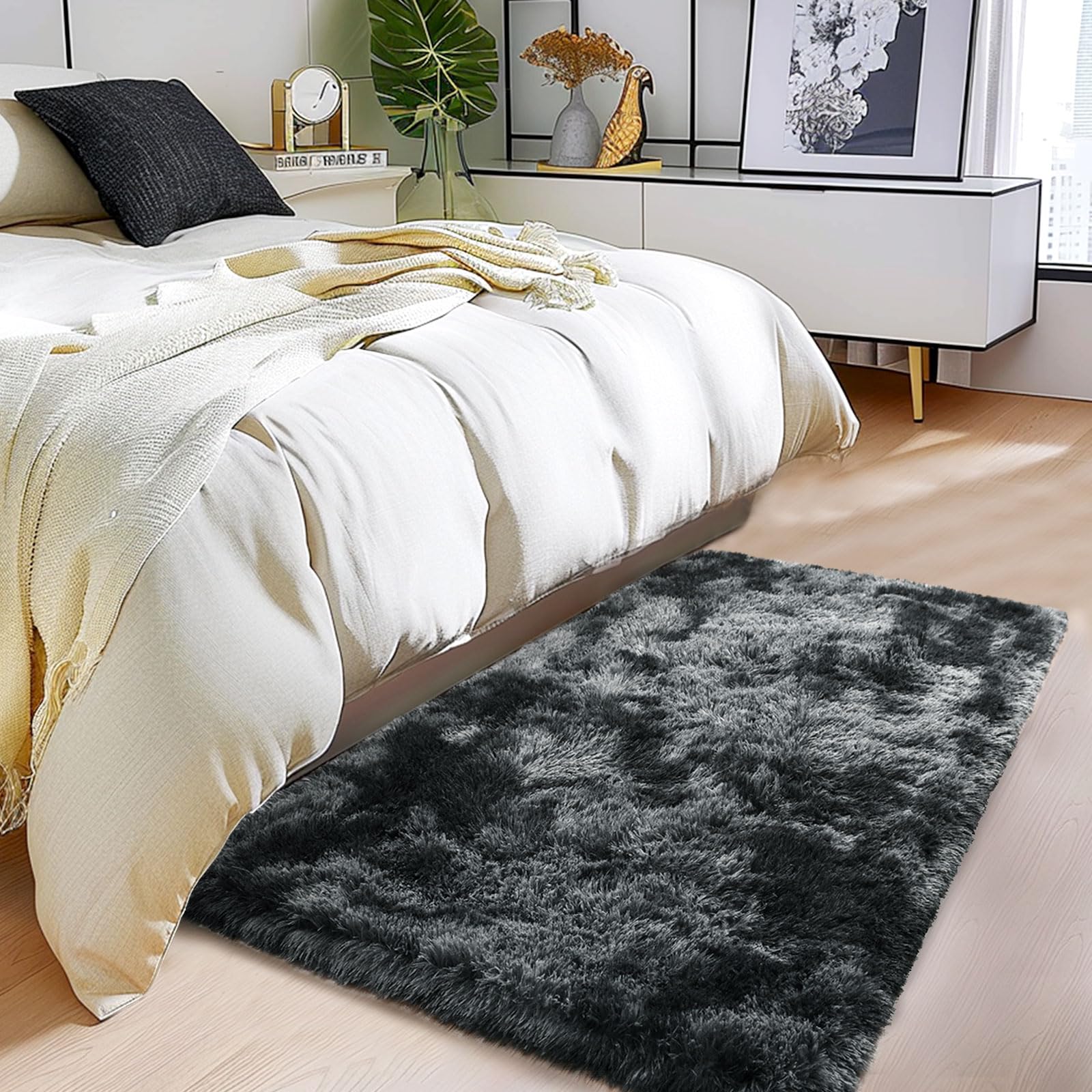 Shaggy Soft Fluffy Rug Non-Slip Indoor Floor Carpet for Living Room Anti-Skid Indoor Carpet Tie-Dyed Black Grey 2x3 Feet