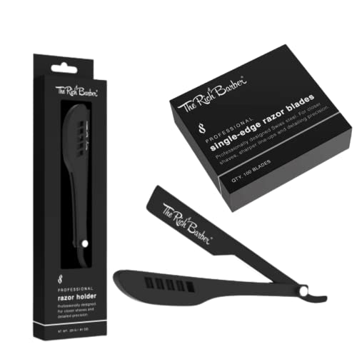 The Rich Barber Straight Edge Shaving Razor Holder + 100 Blades Combo - Beard Shaping Tool for Line-Ups & Hair Detailing Precision - Rust-Resistant Self-Care Grooming Tool (Black)