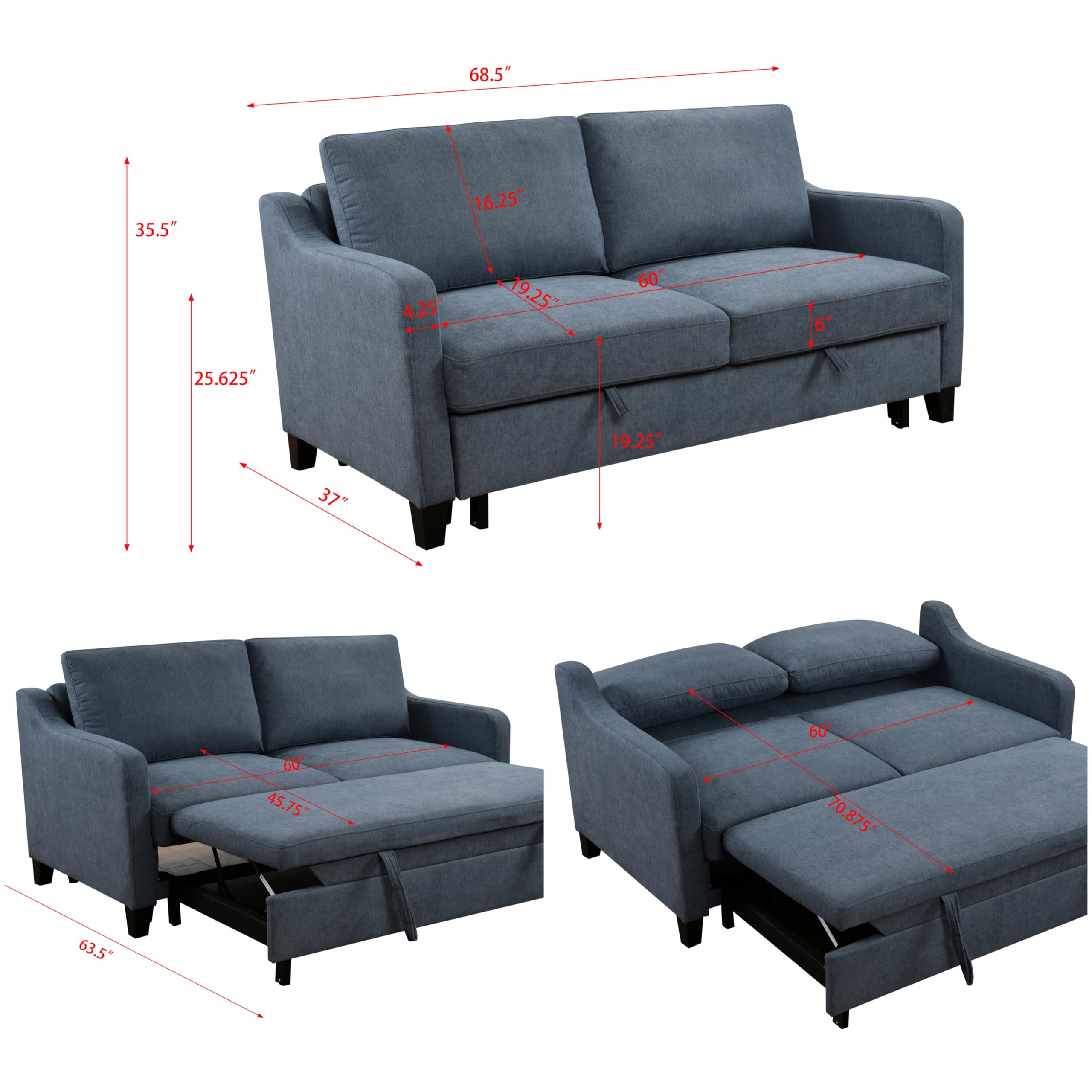 ZIGHTH 69'' Convertible Queen Size Sleeper Sofa Bed, Modern Linen Loveseat Sofa Couch with Pull Out Bed and Adjustable Backrest for Living Room. Blue