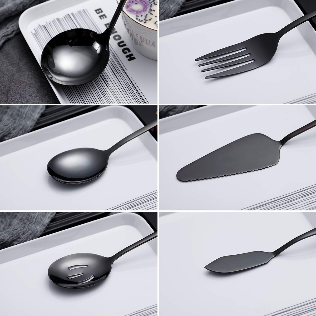 HOMQUEN 6-Piece Black Serving Flatware Silverware Set,Stainless Steel Serving Utensil Set,Include Cake Server, Slotted Serving Spoon, Serving Spoon, Cold Meat Fork, Butter Knife, Soup Ladle