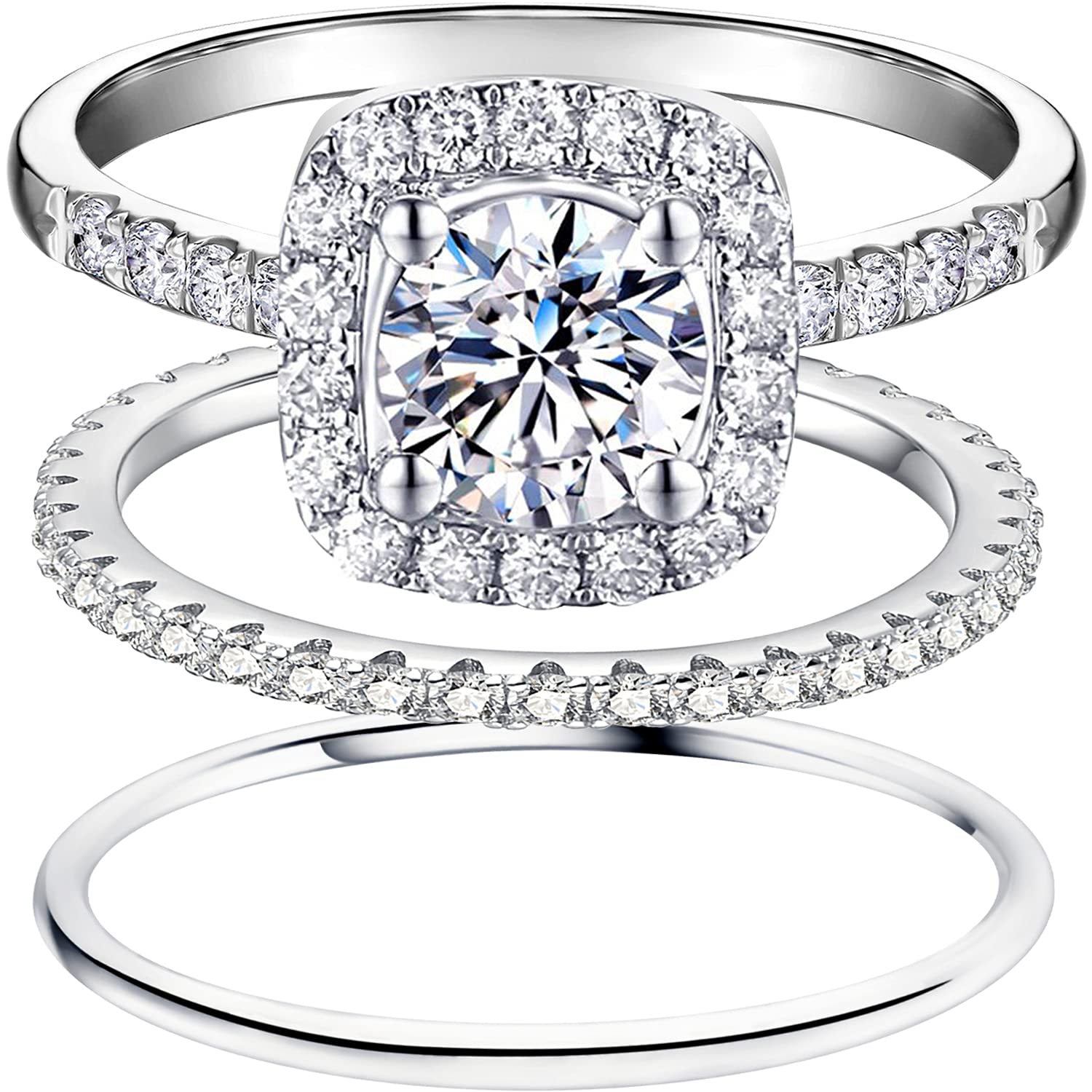 INSRING 14K Gold Plated Stackable Rings - Three-In-One Set Cubic Zirconia Engagement Promise Eternity Ring Band for Women White Gold, Size 5