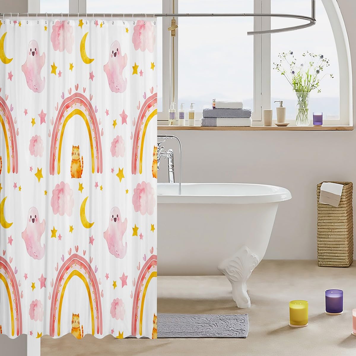 Halloween Rainbow Halloween Shower Curtain Gothic Bath Curtain Cute Ghost Bathroom Accessories 72"Wx78"L,Galaxy Moon Stars Clouds Toddler Kawaii Cat Kitten Halloween Decorations Pink Room Decor