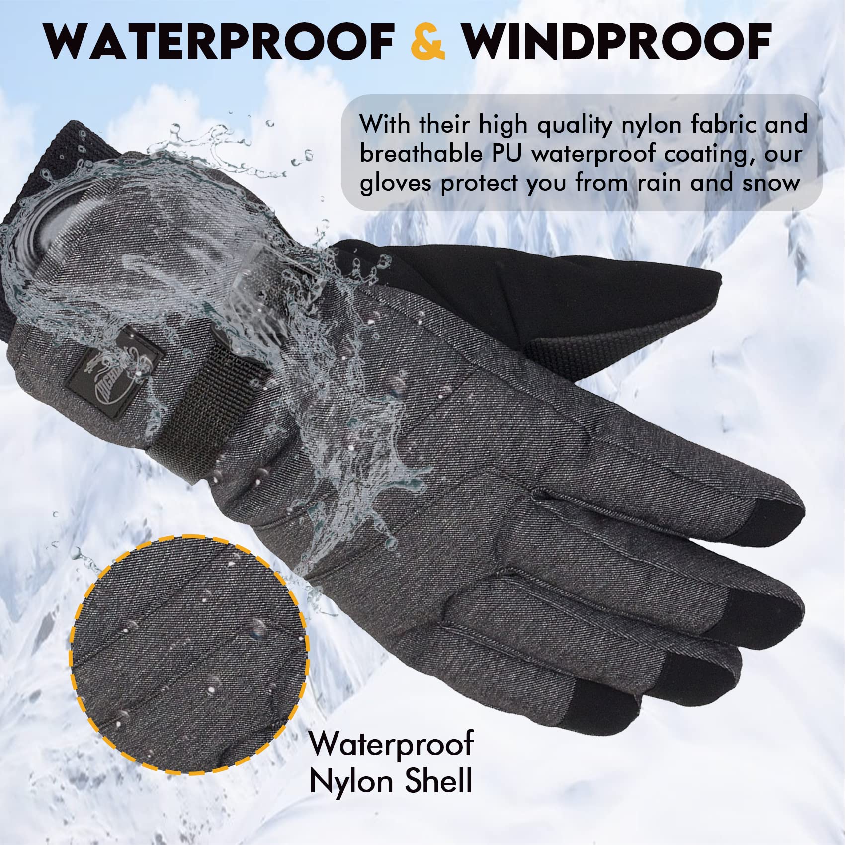 HIGHLOONG Mens Ski Snowboard Gloves Waterproof,Thinsulate, Melange Fabric Winter Cold Weather Gloves (Melange 2-pair L)