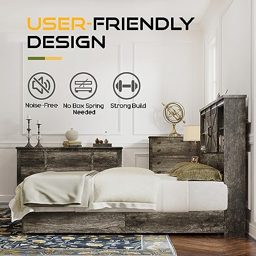 HOWE Queen Size Wood Platform Bed Frame with 51.2" Bookcase Headboard, Storage bed with Sliding Barn Door Charging Station 2 Drawers, No Box Spring Needed/Noise Free/Farmhouse/Rustic Grey