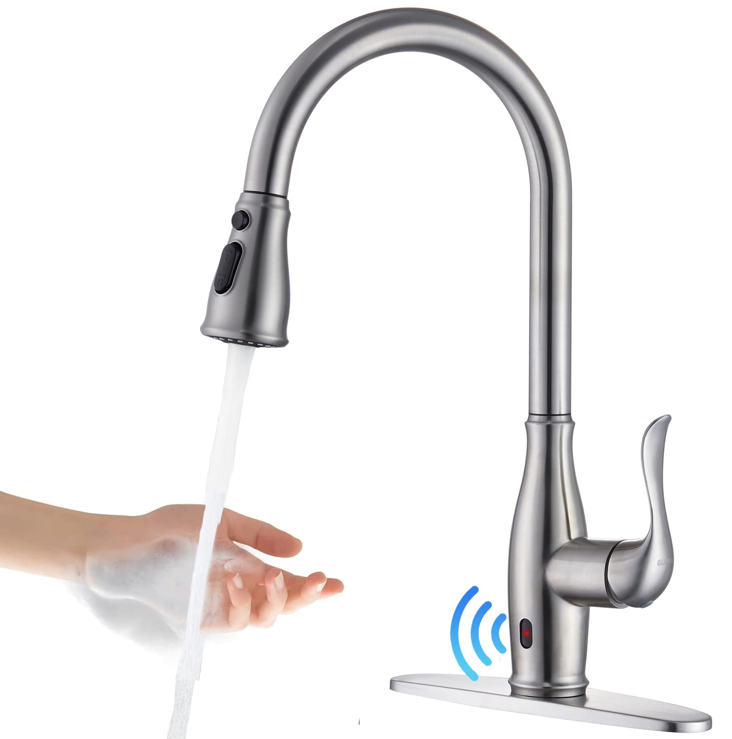 GUUKAR Touchless Kitchen Faucet with Pull Down Sprayer, Motion Sensor Smart Hands-Free Automatic Single Handle Kitchen Sink Faucet, Stainless Steel Brushed Nickel Finish