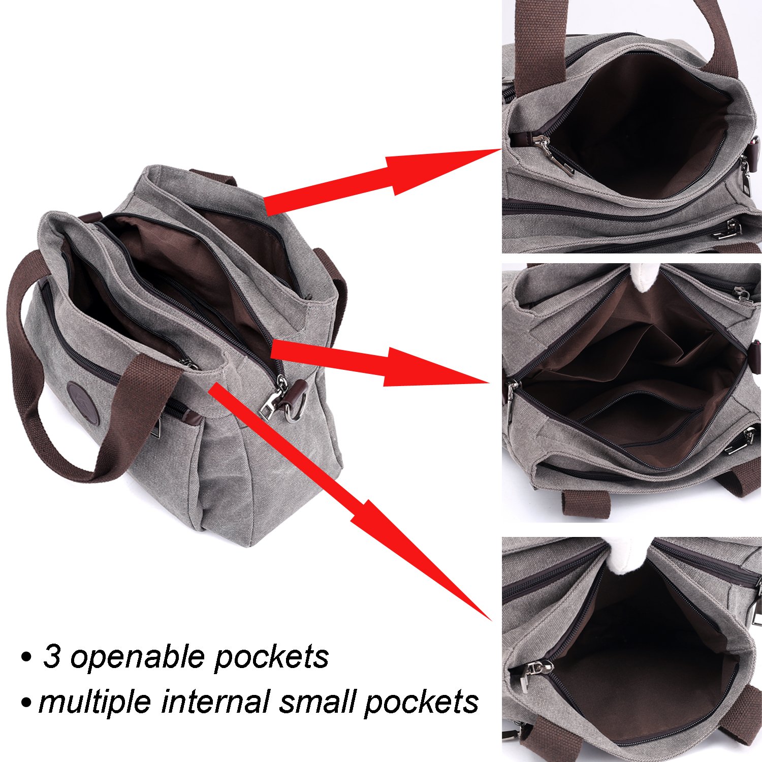 Hiigoo Women's Casual Totes Bag Shoulder Bag Canvas Handbags 3-open Crossbody Bag Messenger Bag (Khaki)