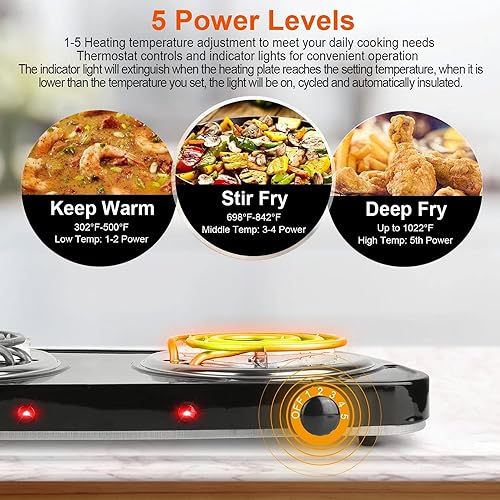 Hot Plate, 2000W Portable Electric Double Coil Burner with Dual Control & 5 Level Temperature Control, Easy to Clean, Lightweight Stainless Steel Countertop Stove for Kitchen Dorm Camping,110V