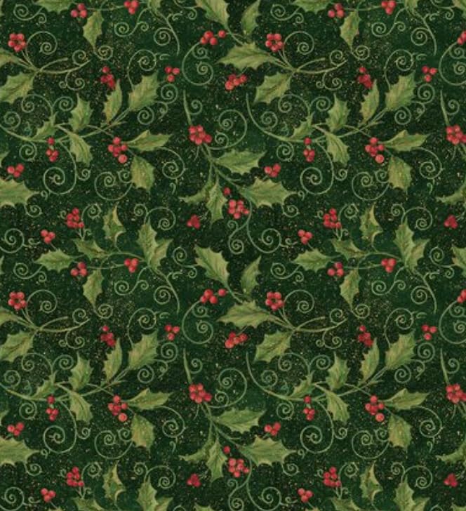Holly Vine Scroll Metallic Christmas Cotton Precut Fabric - One Yard