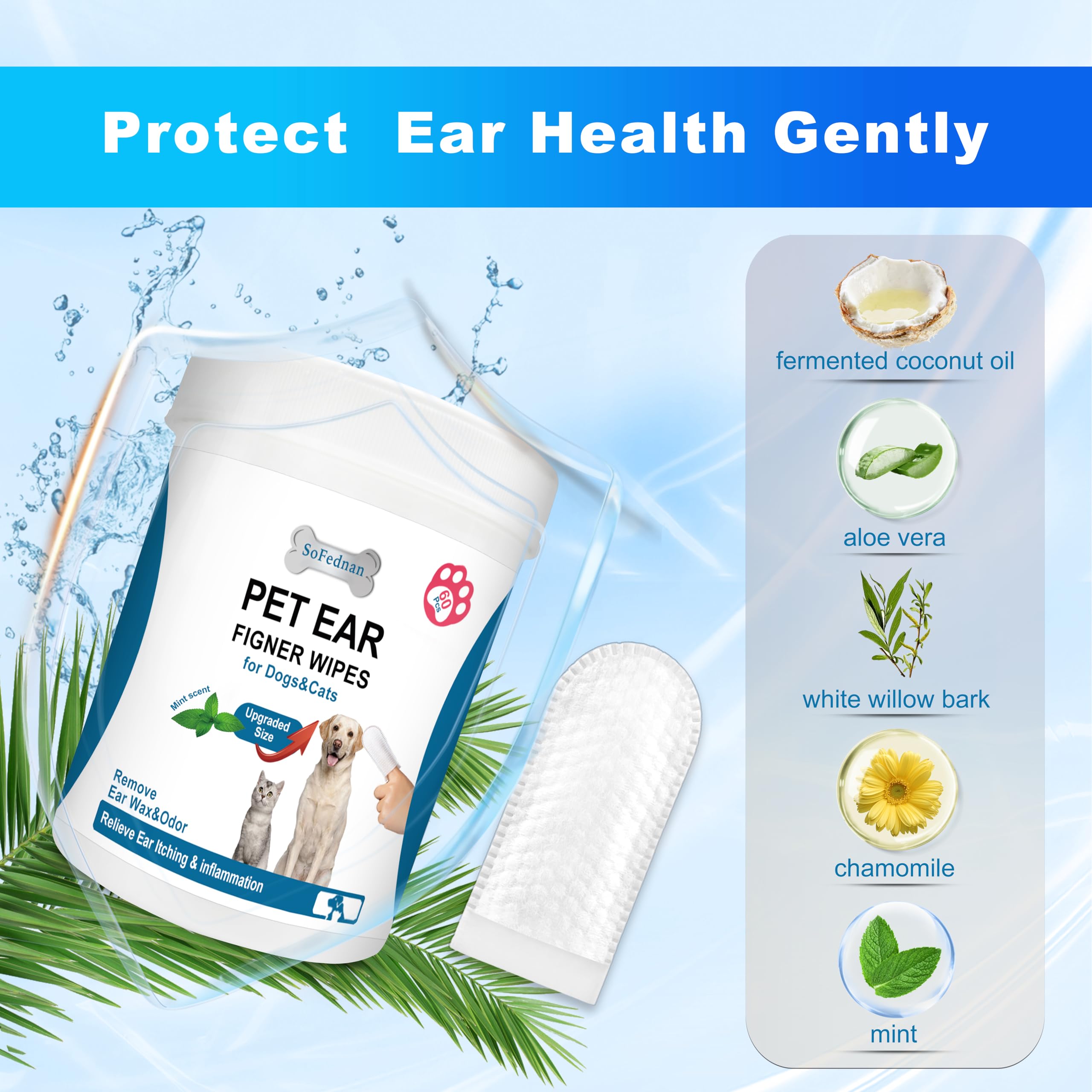 SoFednan Ear Finger Wipes,Pet Ear Cleaner Finger Wipes for Dogs and Cats,Remove Ear Wax and Dirt,Stop Smelly & Itchy Ears, Non-Irritating - Hypoallergenic (60 Count, Mint Scent)