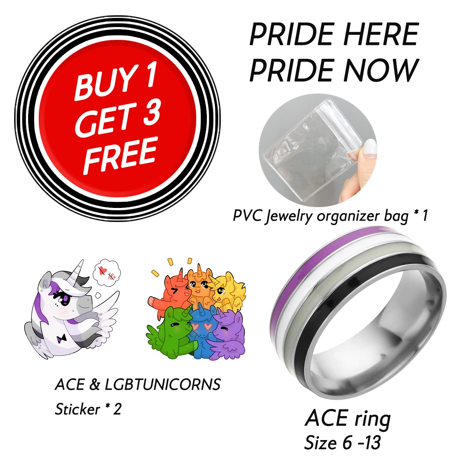 LGBT UNICORNS Asexual Ring, Ace Pride jewelry Stainless Steel Ring for man & woman, Size 6-13