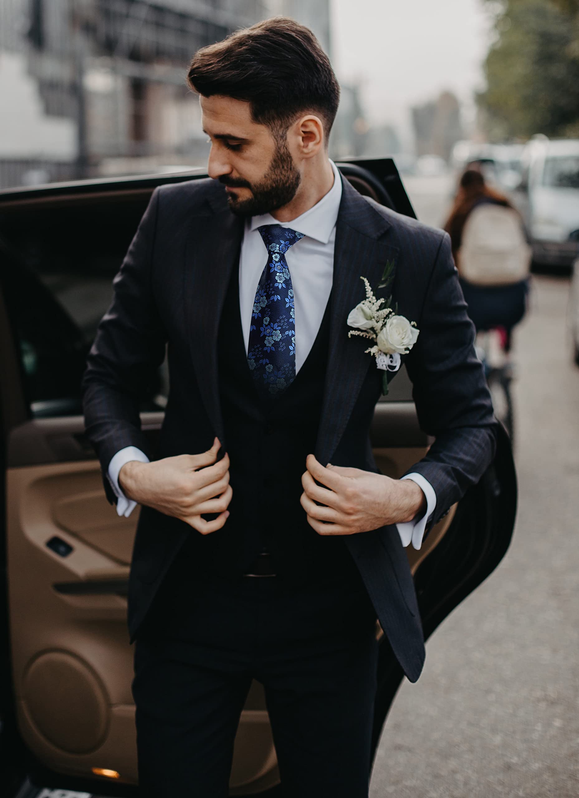 HISDERN Men's Floral Tie Handkerchief Jacquard Woven Classic Men's Necktie & Pocket Square Set,Navy Blue,8.5cm / 3.4 inches in Width