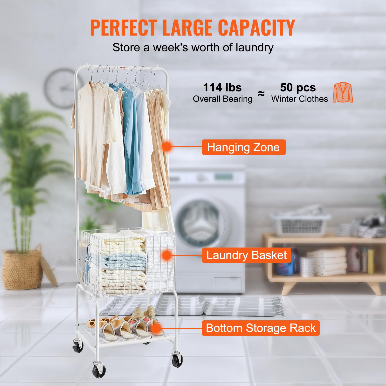 VEVOR Metal Rolling Laundry Basket with Hanging Garment Rack, Laundry Hamper Cart Adjustable Height with Basket Load and Shelf Load, Storage Organizer with Heavy Duty Lockable Wheels, White