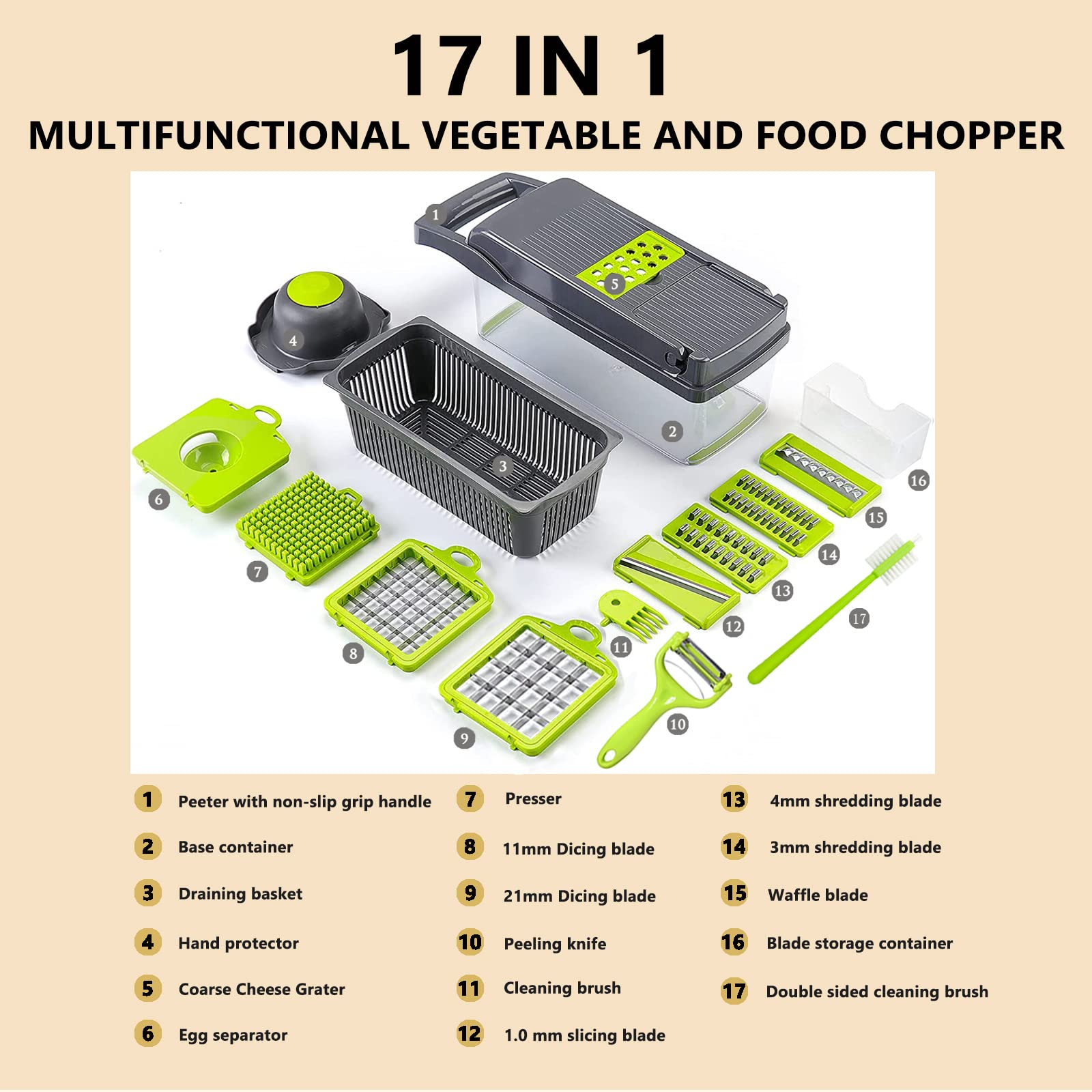 HIUSITY Vegetable Chopper 17Pcs Multifunctional Food Chopper,Pro Onion Chopper Vegetable Cutter Dicer,Veggie Chopper with Container,Mandoline Slicer for Kitchen Gadgets for Salad Potato Carrot