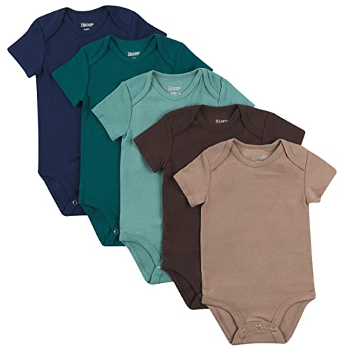 Hanes Unisex Baby Bodysuits, Ultimate Flexy Short Sleeve For Boys & Girls, 5-pack, Blue Green Dk Brown Set, 0-6 Months US