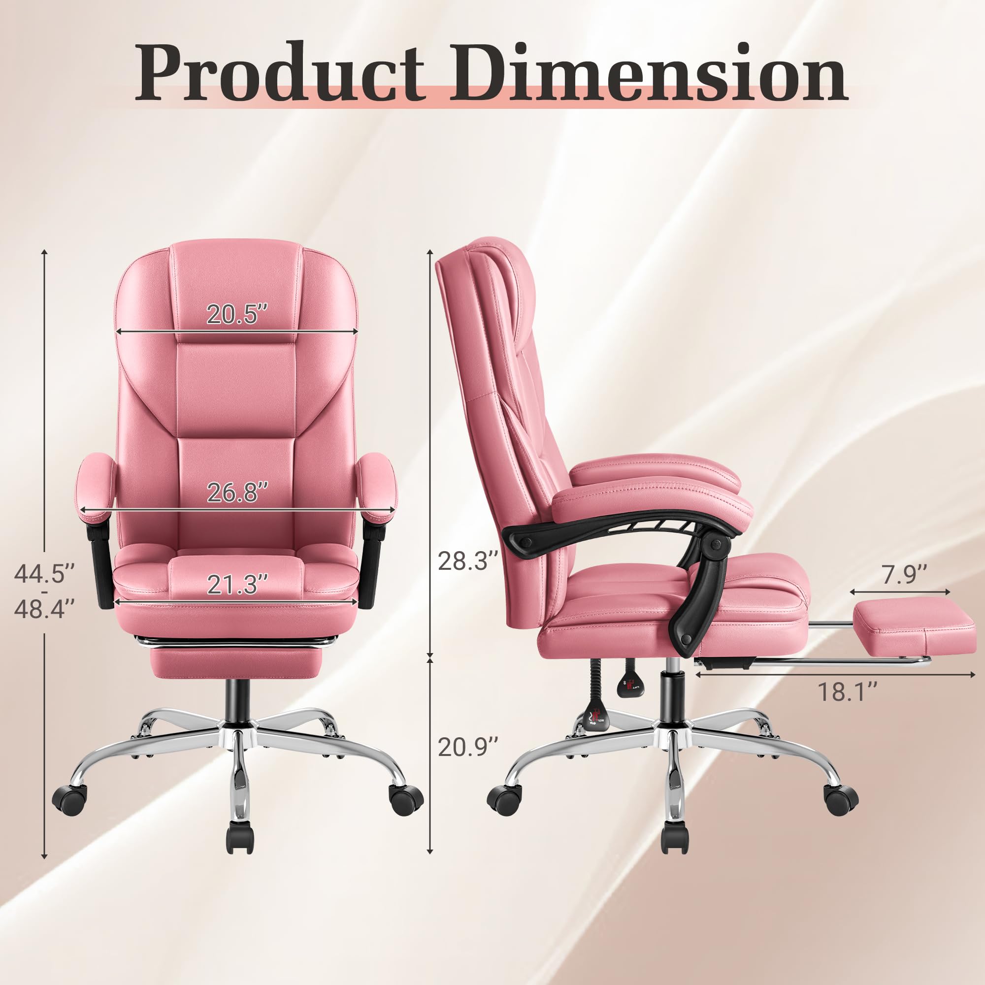 Shahoo Executive Office Chair with Massage, Ergonomic Reclining High Back Leather Seats with Footrest and Lumbar Support, Big and Tall, 500Lbs Heavy Duty, Pink