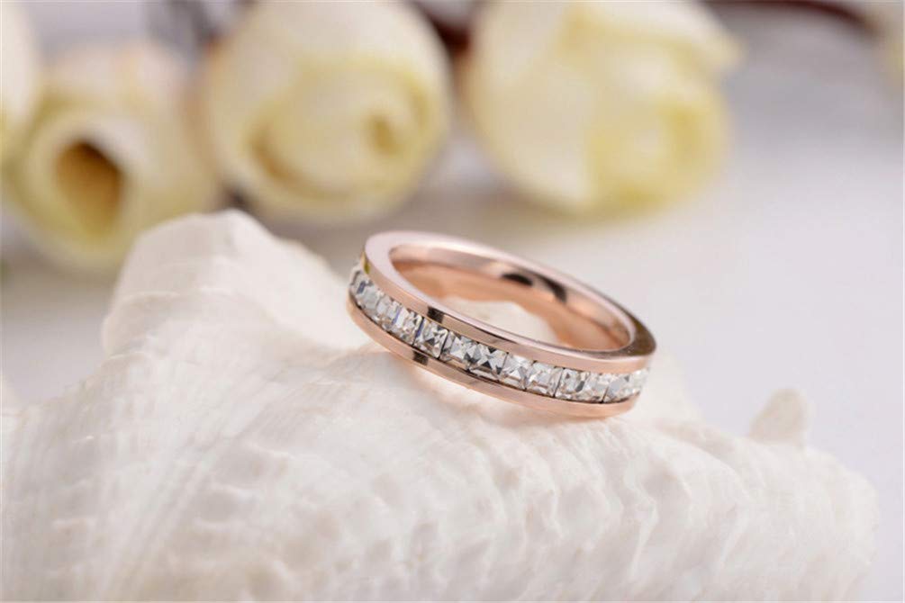 HIJONES Unisex Stainless Steel 4MM Full Eternity Tiny Square Single Row Cubic Zirconia CZ Ring Fashion Wedding Engagement Bands Rose Gold Size 10