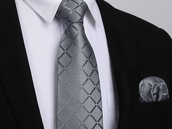 HISDERN Mens Ties for Men Grey Plaid Tie Handkerchief Classic Men's Tie with Pocket Square Set Formal Necktie Silver Gray Wedding Business Ties Set
