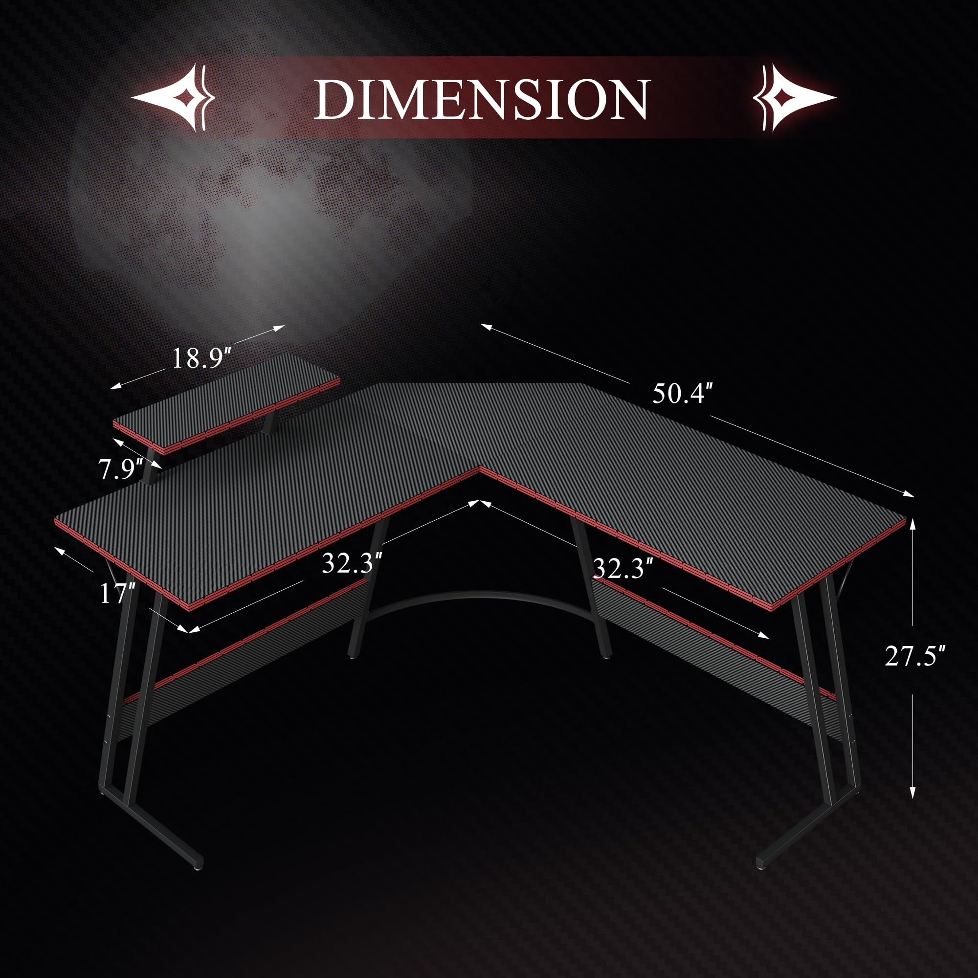Shahoo L Shaped Gaming Desk, 51 Inch Computer Corner Table with Large Monitor Stand & Carbon Fiber Surface for Home Office Study Writing Workstation, Black