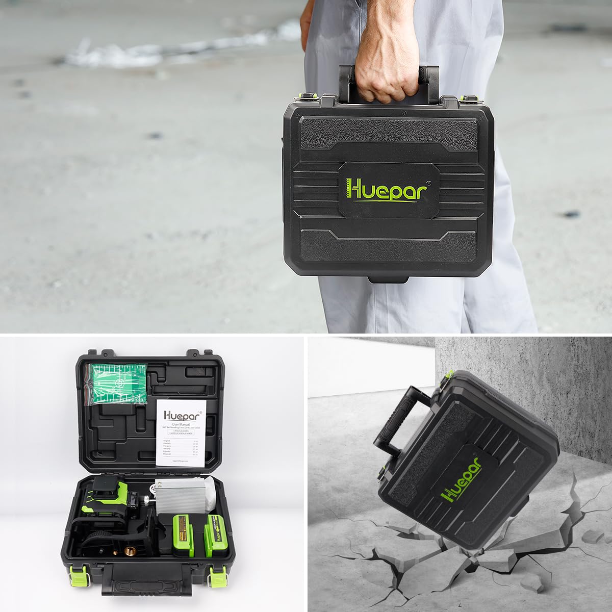 Huepar Multi-Line Laser Level-Four Vertical and One 360° Horizontal Lines with Plumb Dot, Green Cross Line Self-leveling Laser Tool -Rotating Base, Lifting Base, 2 Li-ion Battery&Hard Carry Case LS41G