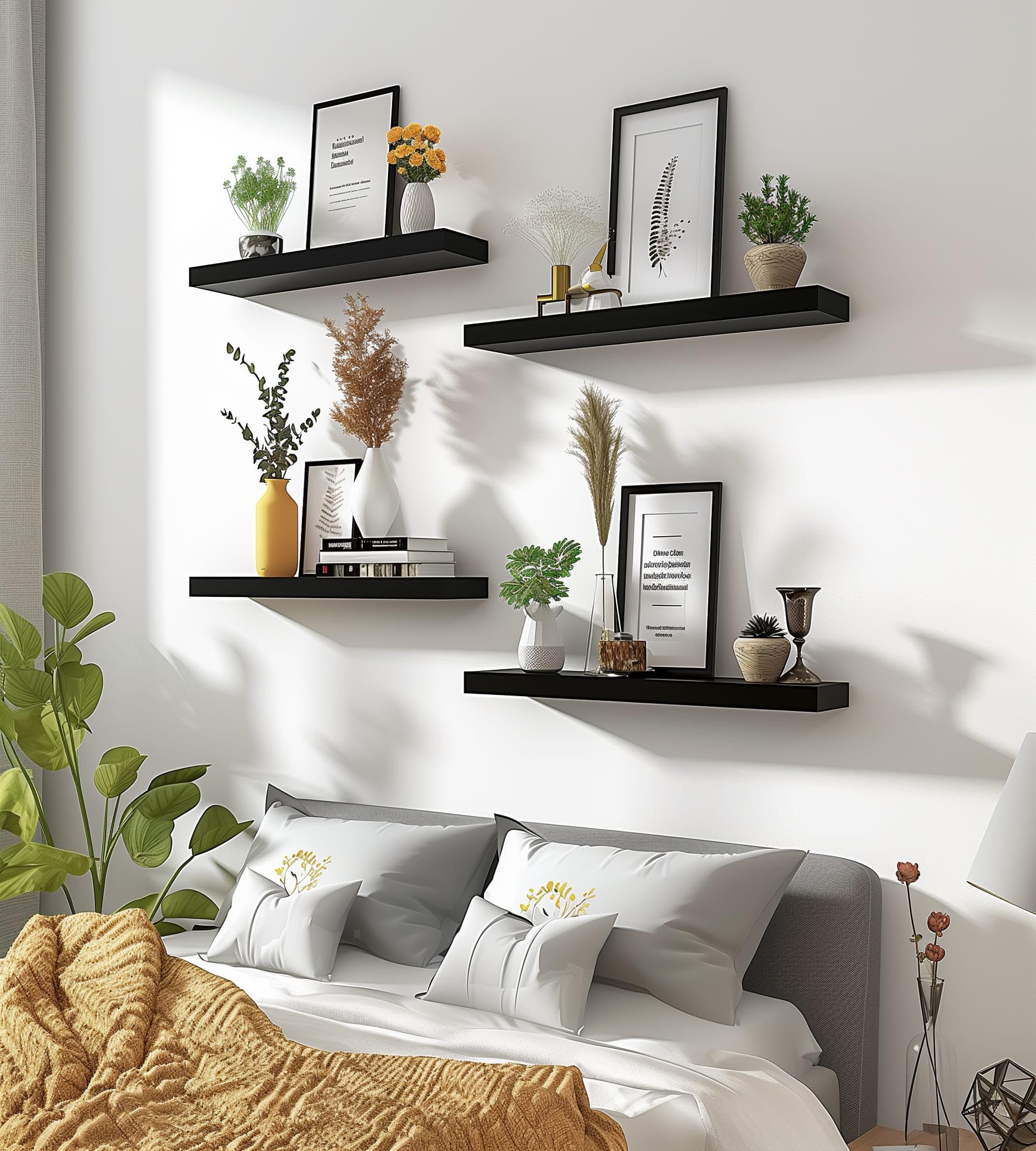 YYWUOJJ Wood Floating Shelves for Wall Decor, Rustic Wall Shelves for Bedroom Bathroom Kitchen Living Room, Set of 6 Black