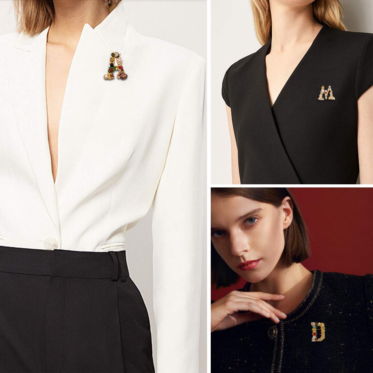 Initial Brooch Pins A-Z 26 Letters Brooches For Women Girls Colorful Enamel Alphabet Pin Pearl Crystal Lapel Pin (Initial Brooches M)