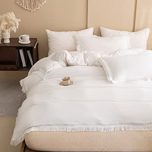 White Bedding Queen Boho Duvet Cover Set Shabby Chic Home Decor Tufted Tassel Beding Bohemian Farmhouse Bedding Set 1 Duvet Cover 2 Pillowcases (White, Queen)