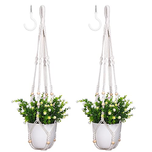 YIBOT 2 Pack Macrame Plant Hanger Indoor Hanging Planter Basket with Wood Beads Decorative Flower Pot Holder No Tassels for Indoor Outdoor Boho Home Decor 35 Inch, Ivory