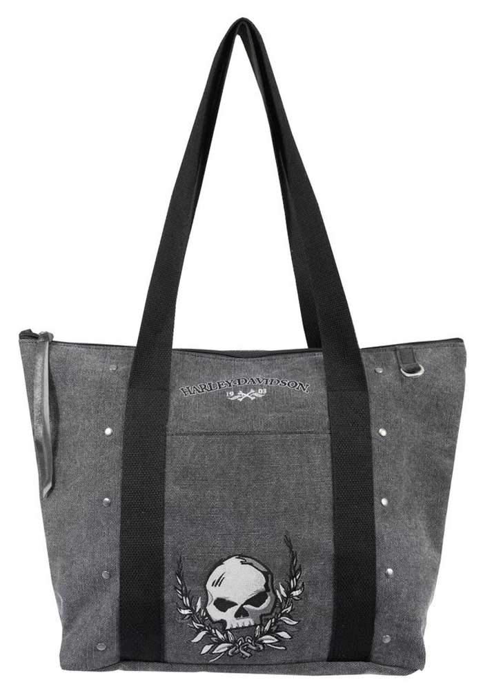 Harley-Davidson Womens Willie G Skull Distressed Denim Canvas Tote WDD5302-BLACK