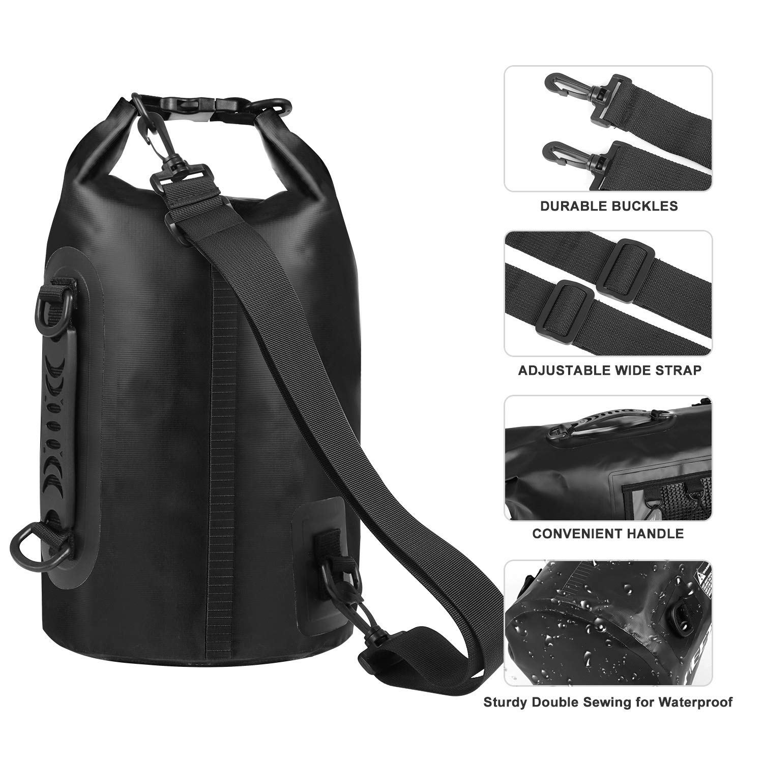 HEETA Waterproof Dry Bag for Women Men(Upgraded Version), 5L/ 10L/ 20L/ 30L Roll Top Lightweight Dry Storage Bag Backpack with Phone Case, Black 10L