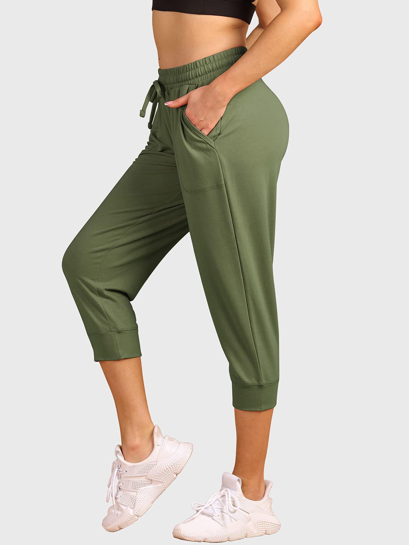 icyzone Women's French Terry Jogger Lounge Sweatpants - Active Capri Pants for Women (Army, M)