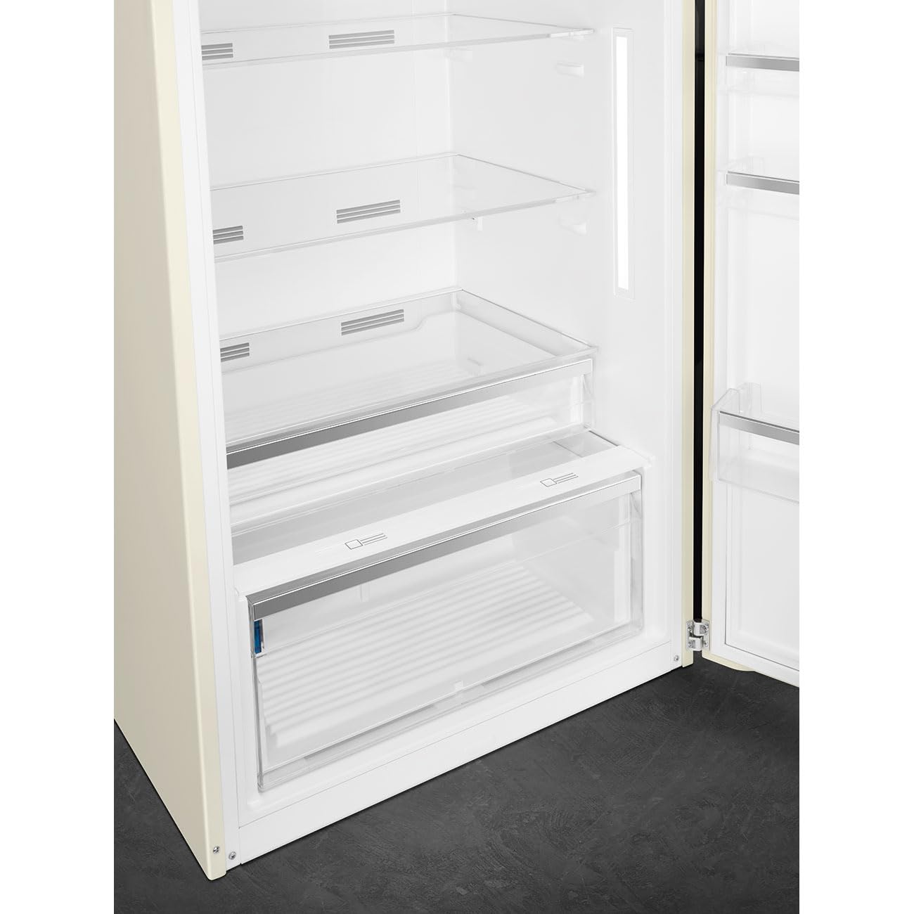 Smeg FAB50 50's Retro Style Aesthetic Top Freezer Refrigerator with Ice Maker 19.28 Cu Total Capacity Multiflow Cooling System Adjustable Glass Shelves Left Hand Hinge Cream Made In Italy