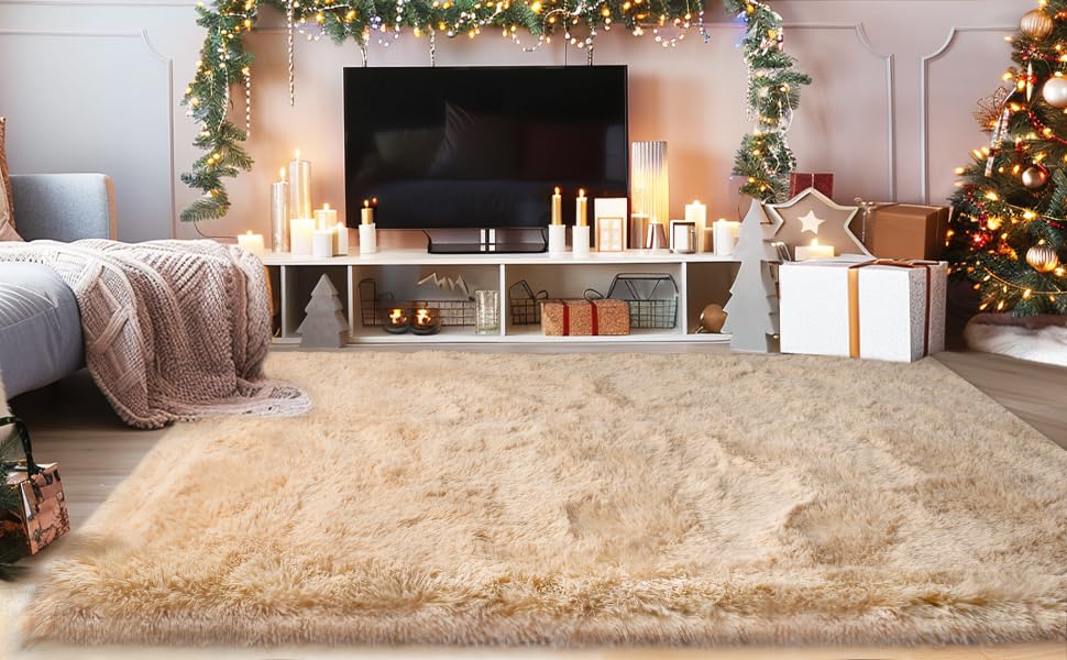 Soft Shaggy Rugs Camel Fluffy Rug for Bedroom White Fuzzy Rug Non-Slip Indoor Floor Carpet for Living Room 5x7