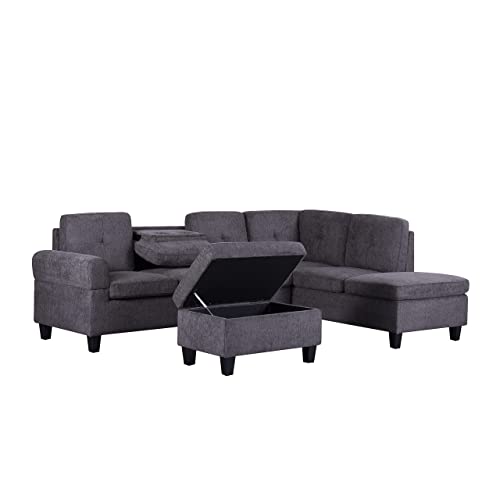 UBGO Furniture Sets,Living Room Sectional Sofa,L Shaped Storage Ottoman, Upholstered Sofá with 2 Cup Holder,Couch Longue for Indoor Home Apartment Office, Grey Left Chaise