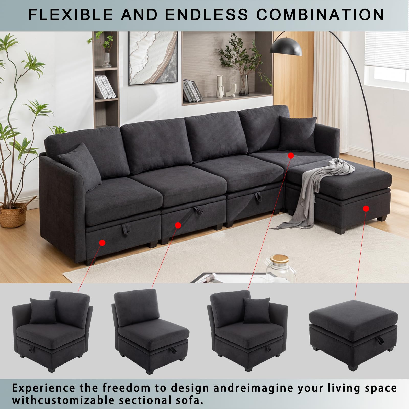 ZIGHTH Modular Sectional Living Room Sofa Couch Set, Convertible L Shaped Sofa Couch with Storage, 5 Seater Modular Sectionals Sofa Couch with Chaise and Adjustable Backrest. Dark Grey