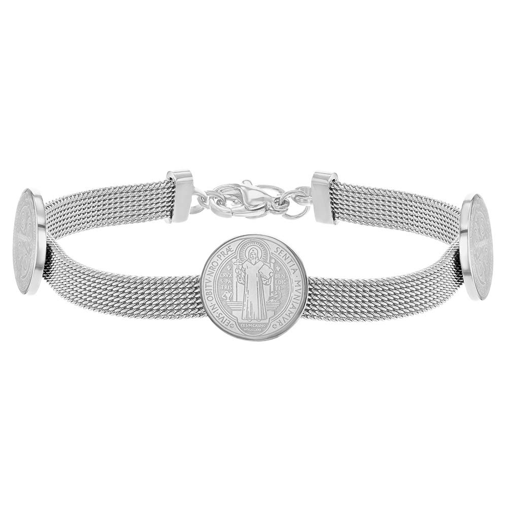 In Season Jewelry Stainless Steel Saint Benedict Protection Catholic Mesh Bracelet for Woman 7"