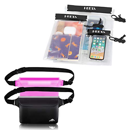 HEETA Waterproof Pouch, Screen Touch Sensitive Waterproof Bag Black & Pink L Bundle with 3-Pack Clear Waterproof Dry Bag