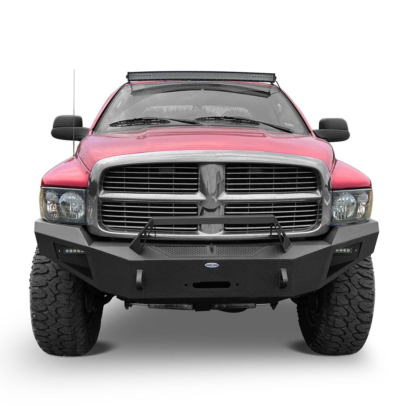 Hooke Road 03-05 Ram Full Width Front Bumper w/Winch Plate & LED Spotlights for 2003 2004 2005 Dodge Ram 2500 3500 Truck (Excluding Diesel Models), Solid Steel Offroad Bumper