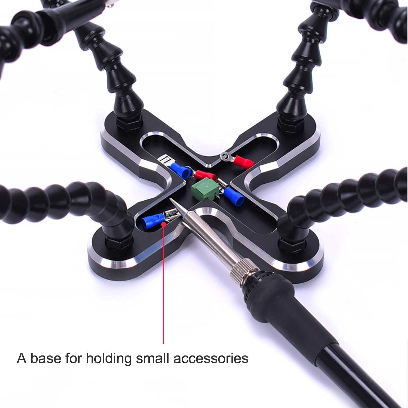 Helping Hands Soldering, Third Hand Soldering PCB Holder Tool, 4 Arms Helping Hands, 5X Magnifying with LED Lighted Magnifying, Non-slip Aluminum Base for Electronics Repair Assembly Modeling Woodwork