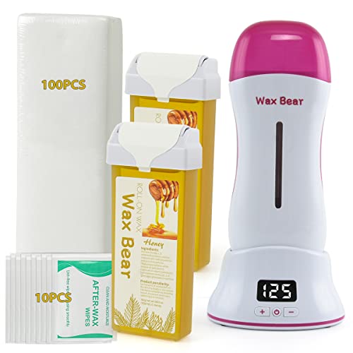 Wax Bear Roll On Wax Heater Kit for Hair Removal,Roller Wax Cartridge Depilatory Digital Temperature Display with for Personal & Professional Use,White