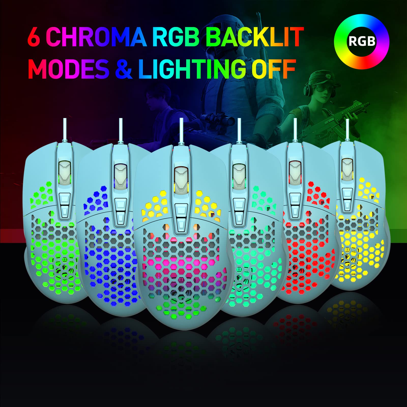 HETOETF Lightweight Gaming Mouse, Wired USB PC Gaming Mice with Ultralight Honeycomb Shell, RGB Chroma LED Light, 6400 DPI Adjustable, Pixart 3325, Programmable 7 Buttons Mouse for Windows 7/8/10/XP