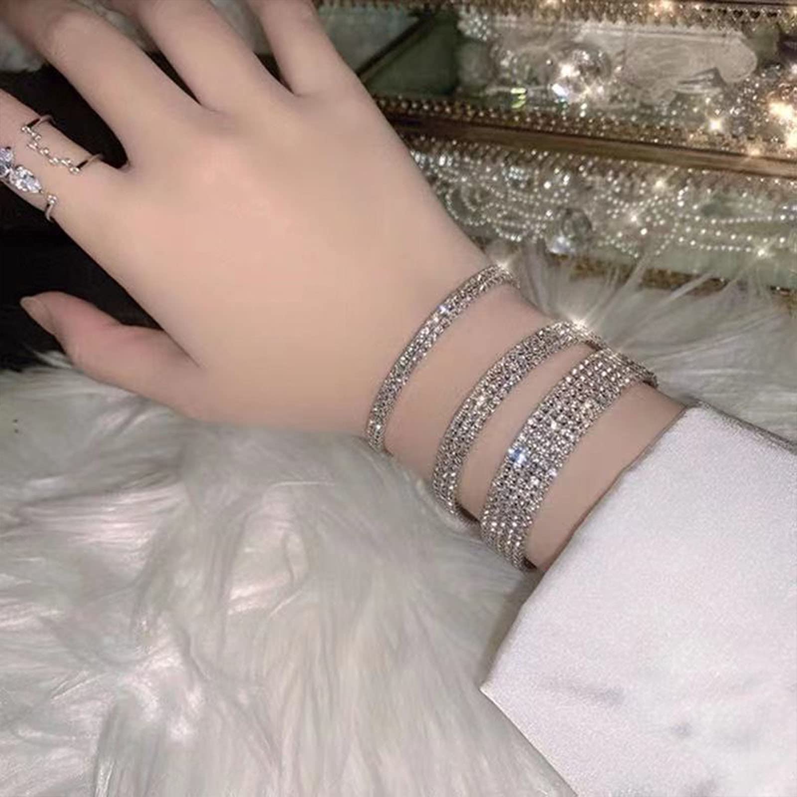 HLIN Rhinestone Bracelet for Women 5Pcs Strand Stretch Silver-tone Sparkling Bridal Tennis Bangle