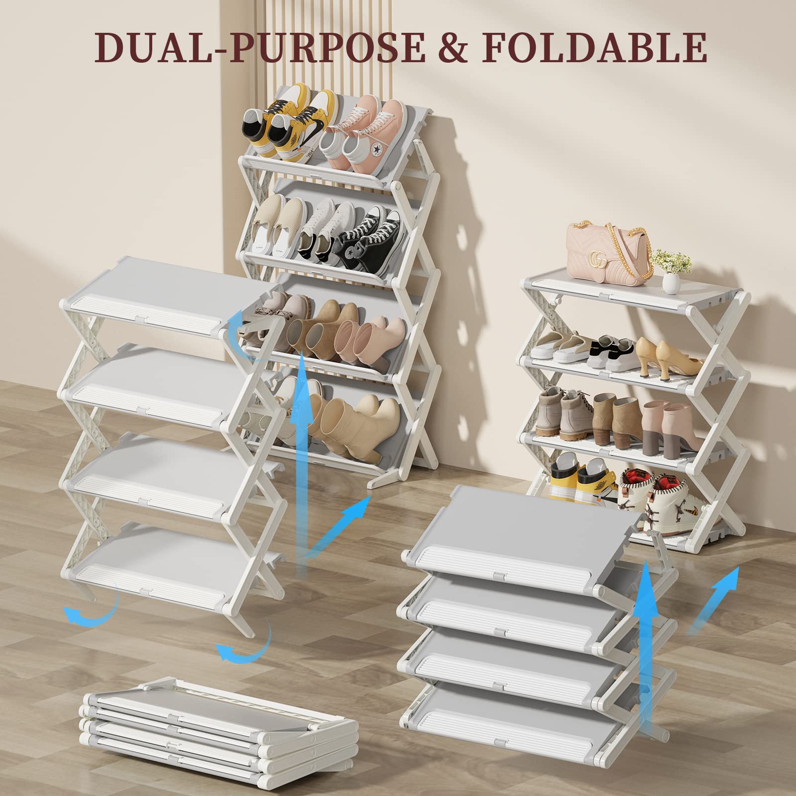 HAIXIN Shoe Rack for Closet, 4-Tier Shoe Shelf Space Saving, 8-12 Pairs Shoe and Boot Organizer, Multifunctional Storage Rack for Entryway, Door, Garage, Bedroom, Grey
