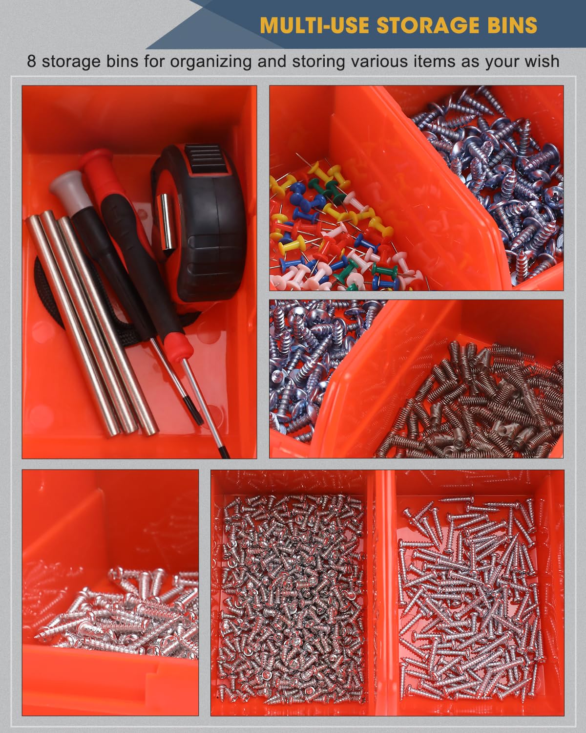WellMall Wall Mounted Storage Bins - 8 Piece Bins & 2 Steel Rails Plastic Garage Tool Storage for Screw Organizer & Small Parts Organizer