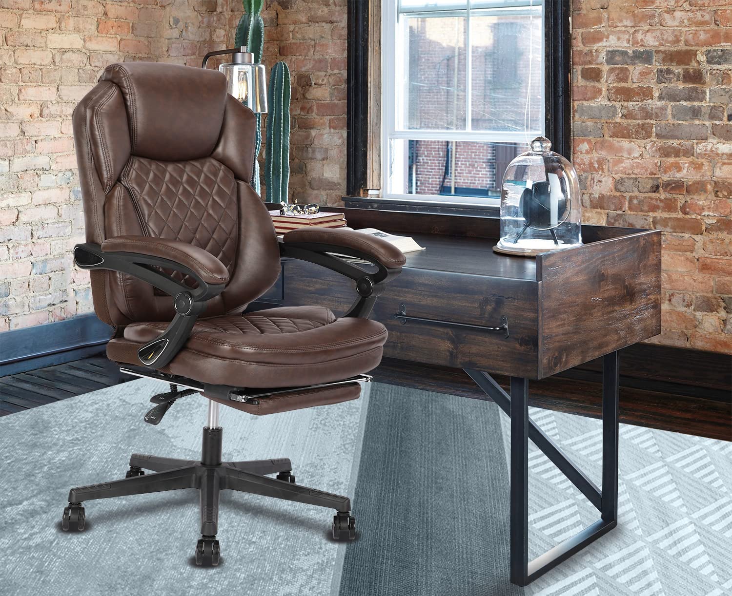 Kasorix Executive Office Chair with Auto Linked Armrests Home Office Chair Brown Big and Tall Office Chair Rolling Swivel PU Leather Chair 400 Pound