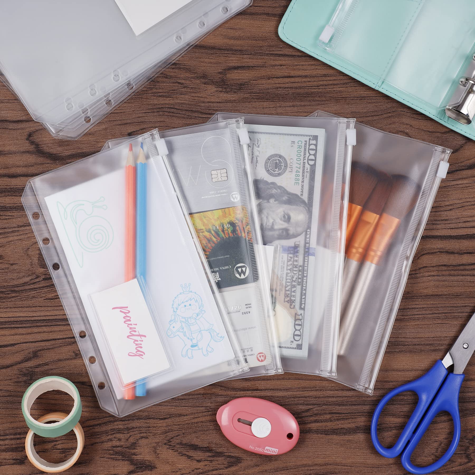 HAUTOCO 24PCS A6 Cash Envelopes with Label Pocket, Zipper Envelopes for Budgeting, Money Envelopes for Cash Saving, Clear PVC A6 6-Holes Binder Pockets Document Pouch Folder for A6 Notebook Binder