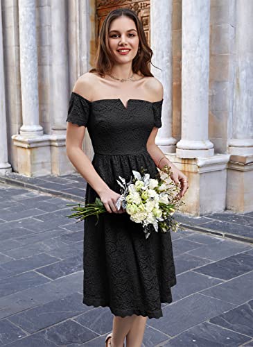 Women's Wedding Dress Short Sleeve Lace Dress Bridal Shower A Line Bridsmaid Party Dresses Black M
