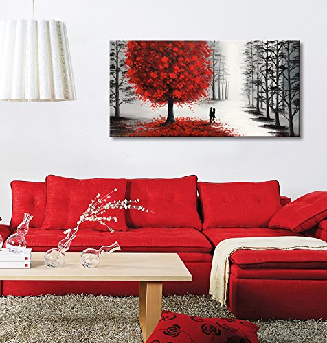 Hand Painted Oil Painting Black and White Landscape Canvas Wall Art with Red Tree for Living Room