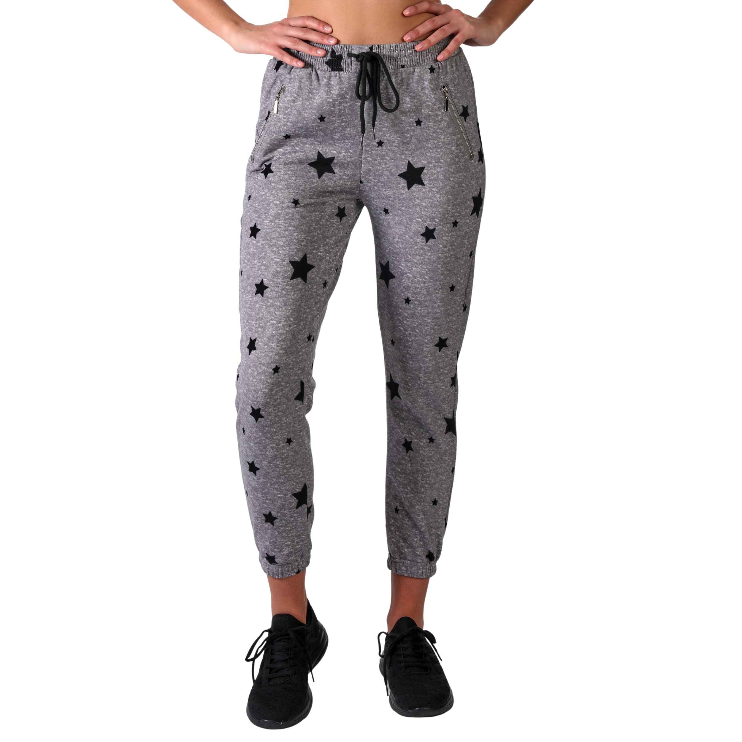 Indero Women's Soft Star Joggers Gray Active Sweatpants with Pocket Relaxed Fit - Heather Grey Black Stars L XL